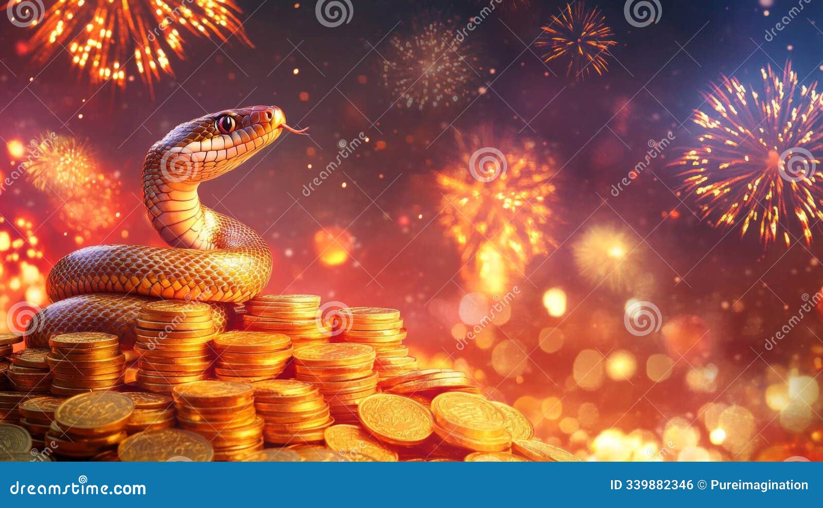 Snake Coiled on a Mountain of Gold Coins with Fireworks in the ...
