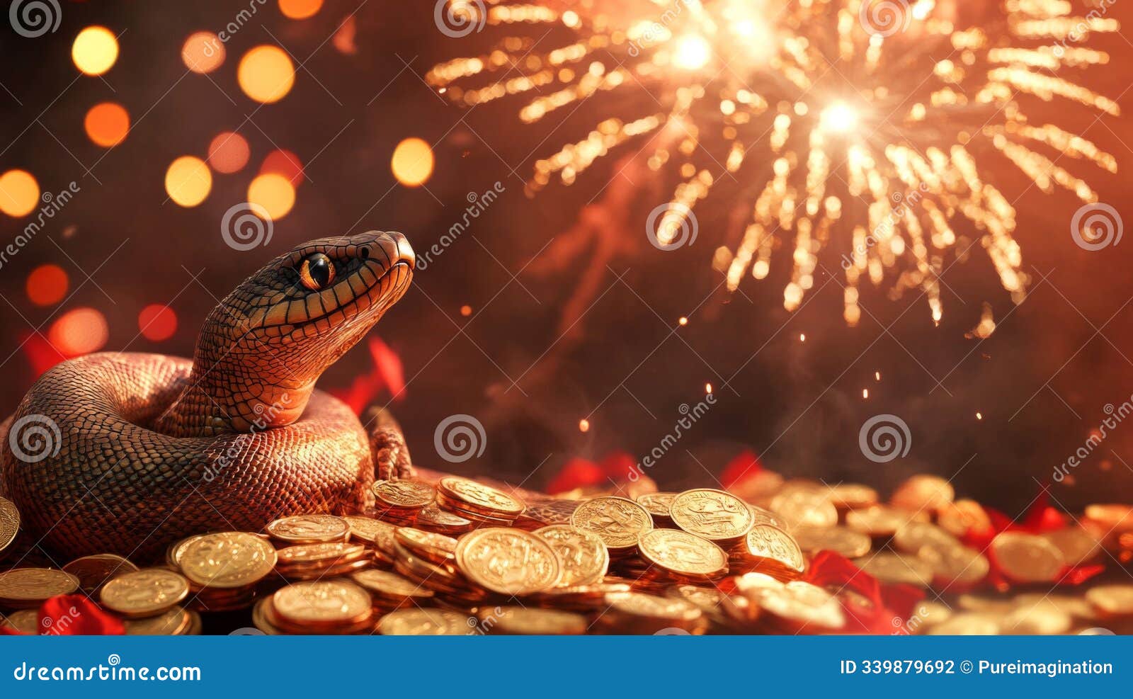 A Snake Coiled on a Pile of Gold Coins with Fireworks in the Background ...