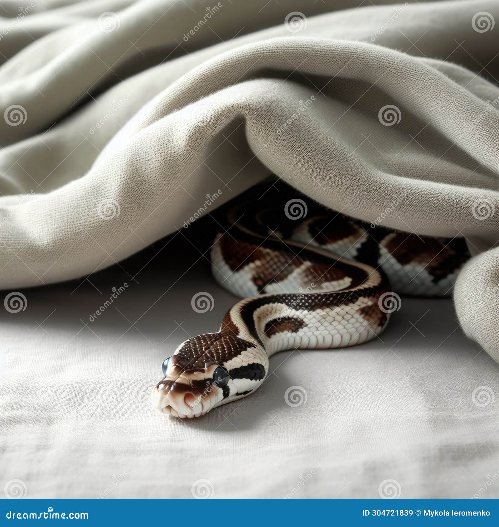 A Snake Crawling Out from Under the Blanket on the Bed. Stock Image ...