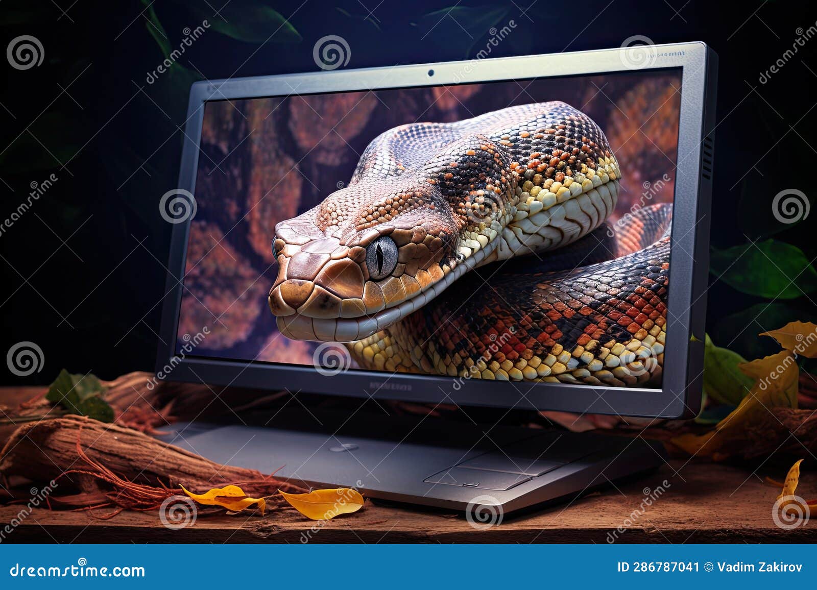 Snake Crawls Out Of The Monitor As A Symbol Of The Python Programming ... Snake Crawls Out Of The Monitor As A Symbol Of The Python Programming ...