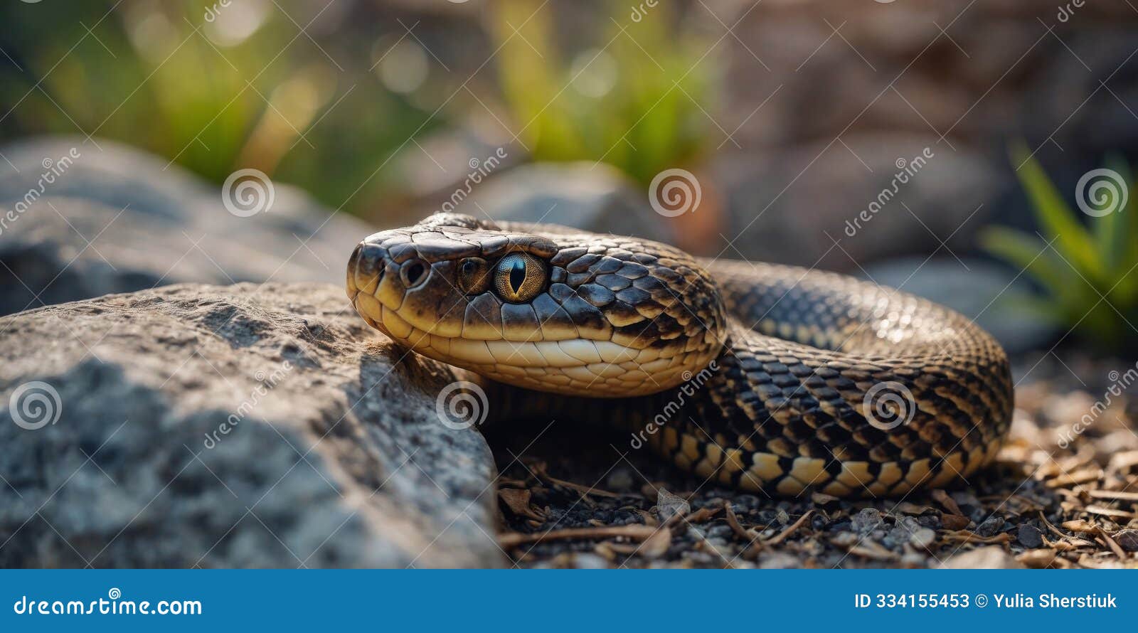 A Snake is Curled Up on the Ground in Front of a Large Stone Structure ...