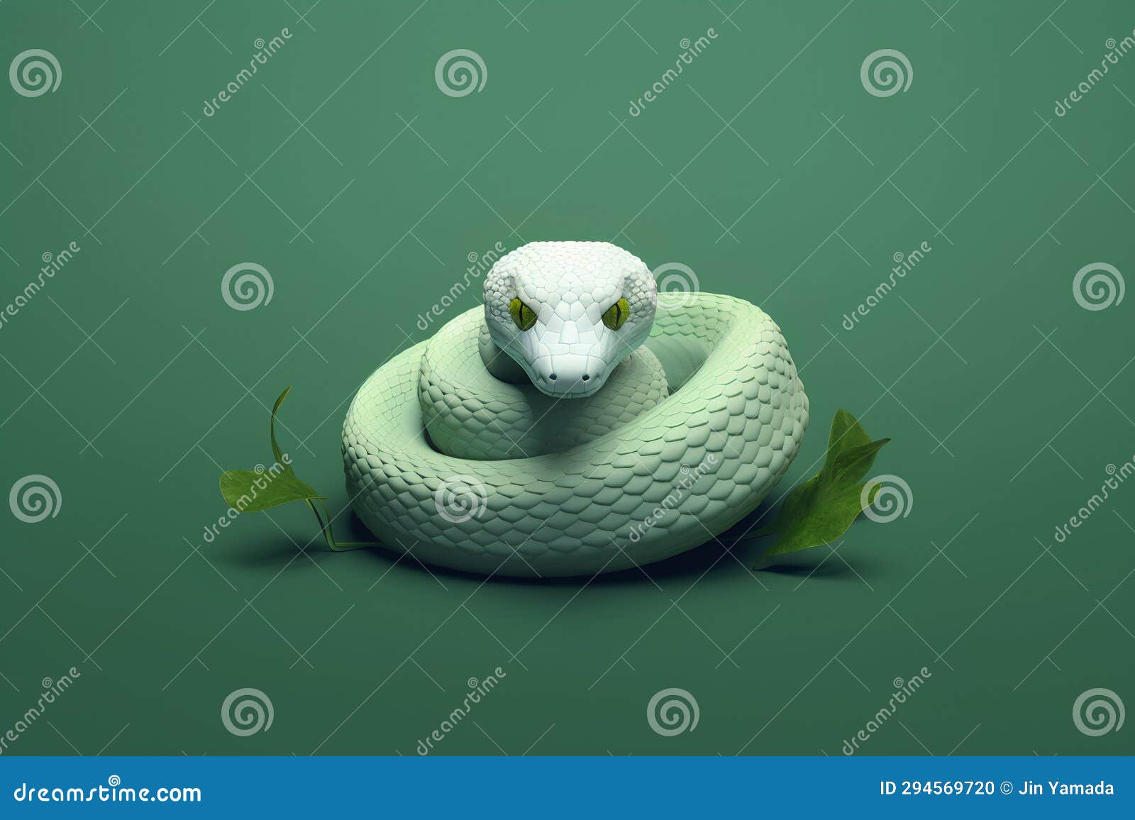 Snake 3d Render on a Green Background with Leaves and Shadow Stock ...