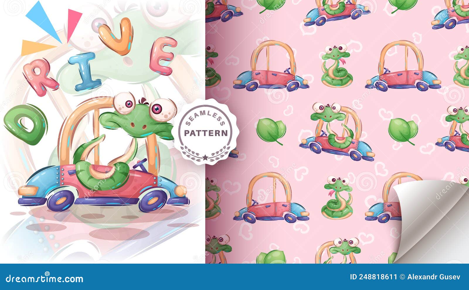 Snake Drive the Car - Seamless Pattern Stock Vector - Illustration of ...