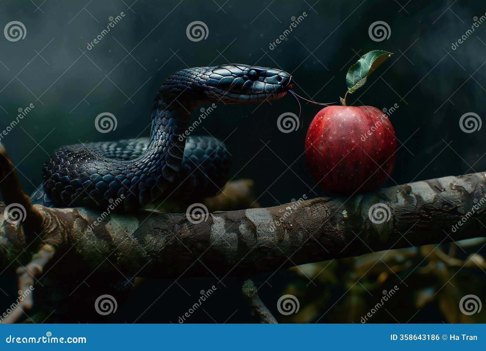 Snake Eating an Apple on a Branch in a Dark Room Stock Illustration ...