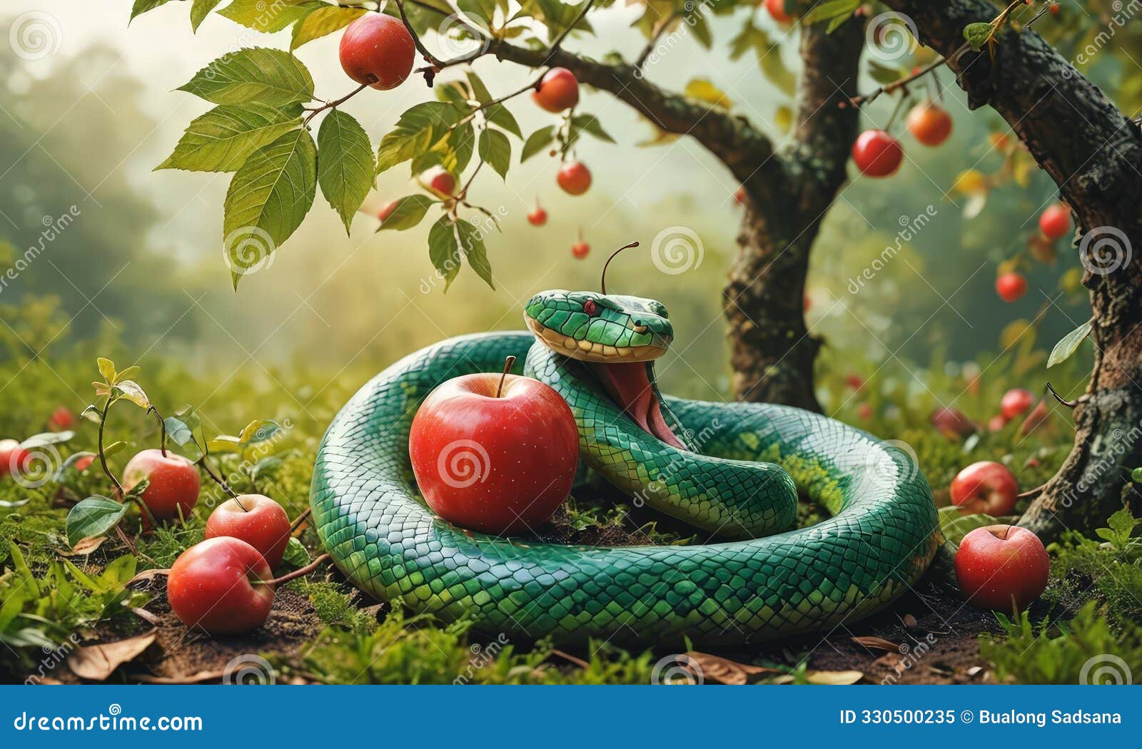 Snake Eating Apple in the Grass Stock Illustration - Illustration of ...
