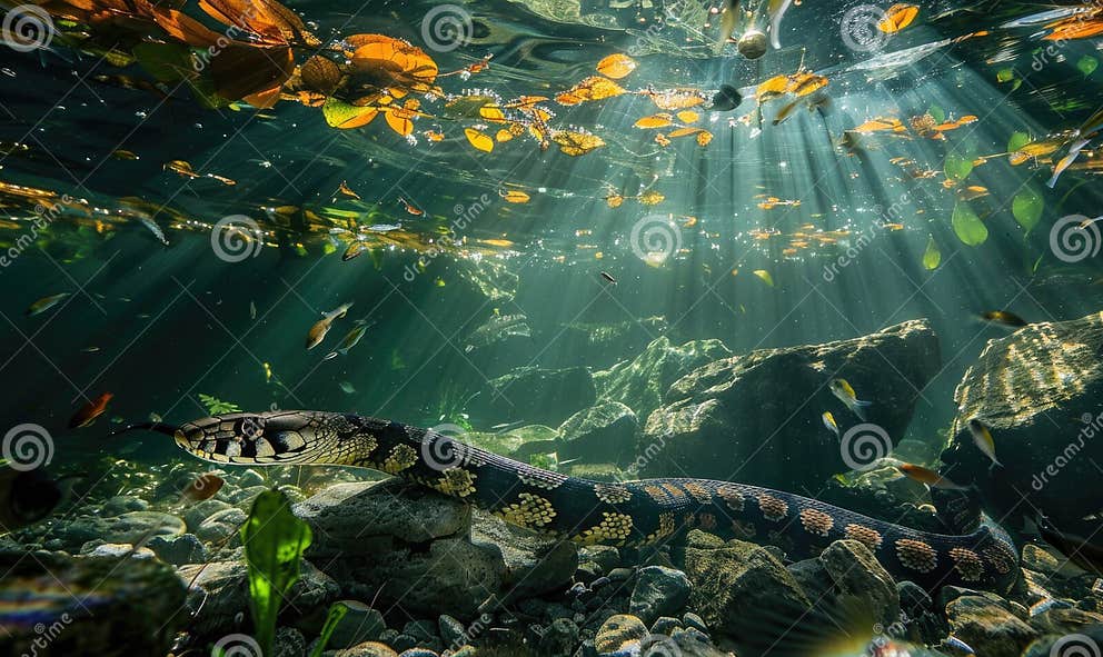 Snake and Fish, Underwater Scene Stock Image - Image of blue, fish ...