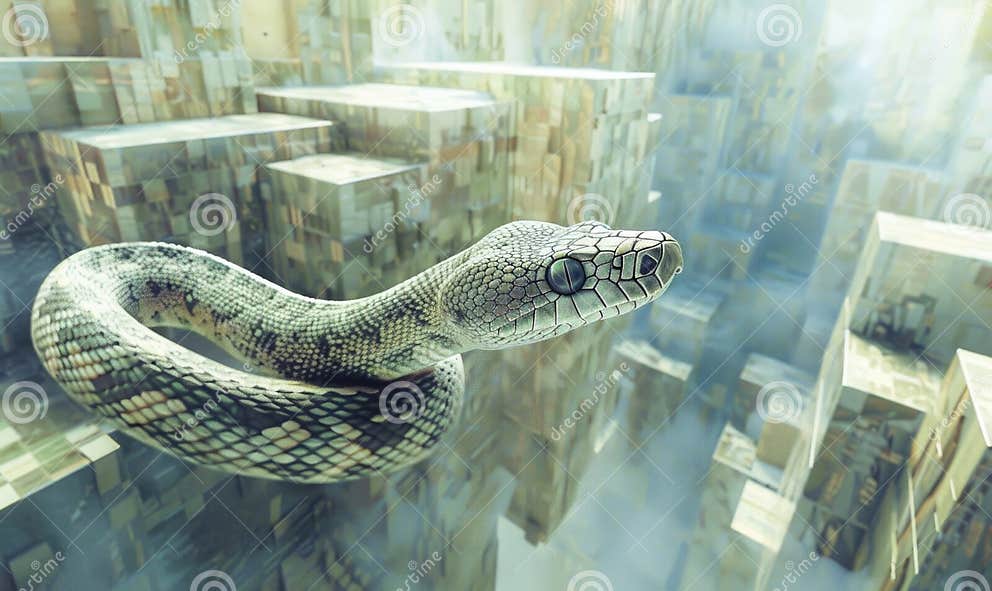 Snake among Floating Cubes, Abstract Background with Snake and Geometry ...