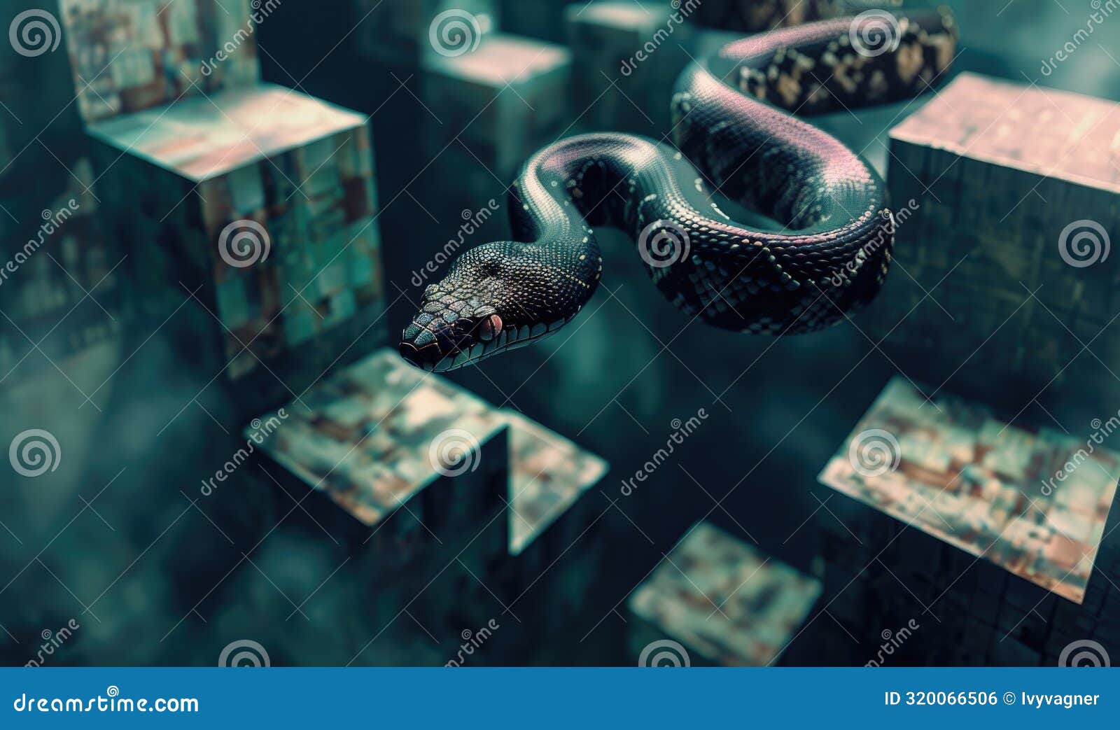 Snake among Floating Cubes, Abstract Background with Snake and Geometry ...