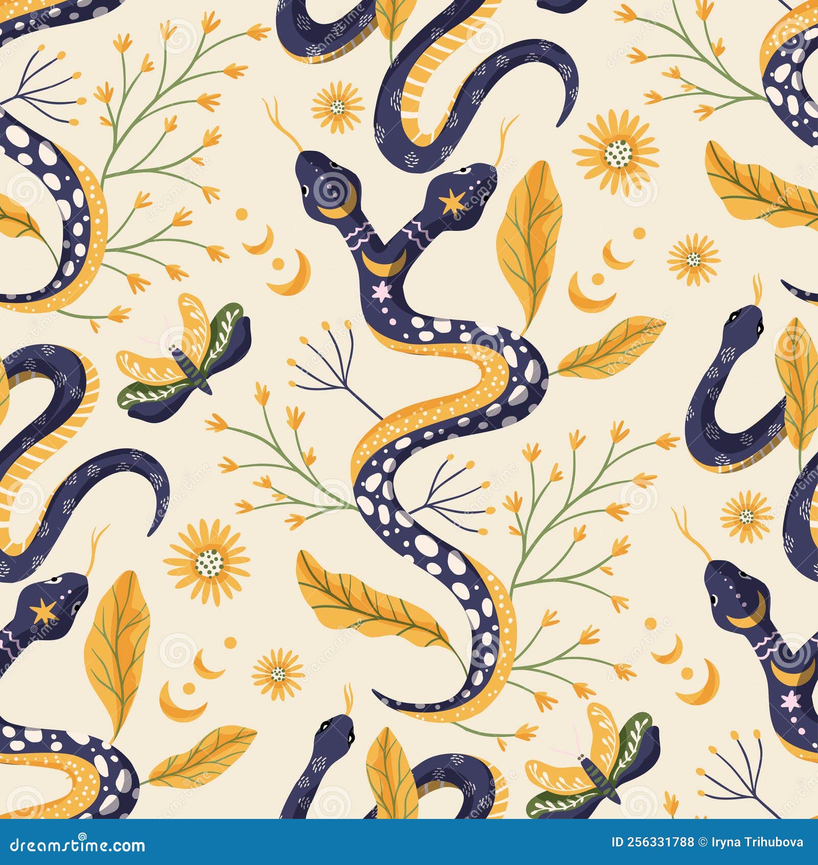 Snake Floral Seamless Pattern. Vector Flower Magic Mystic Boho ...