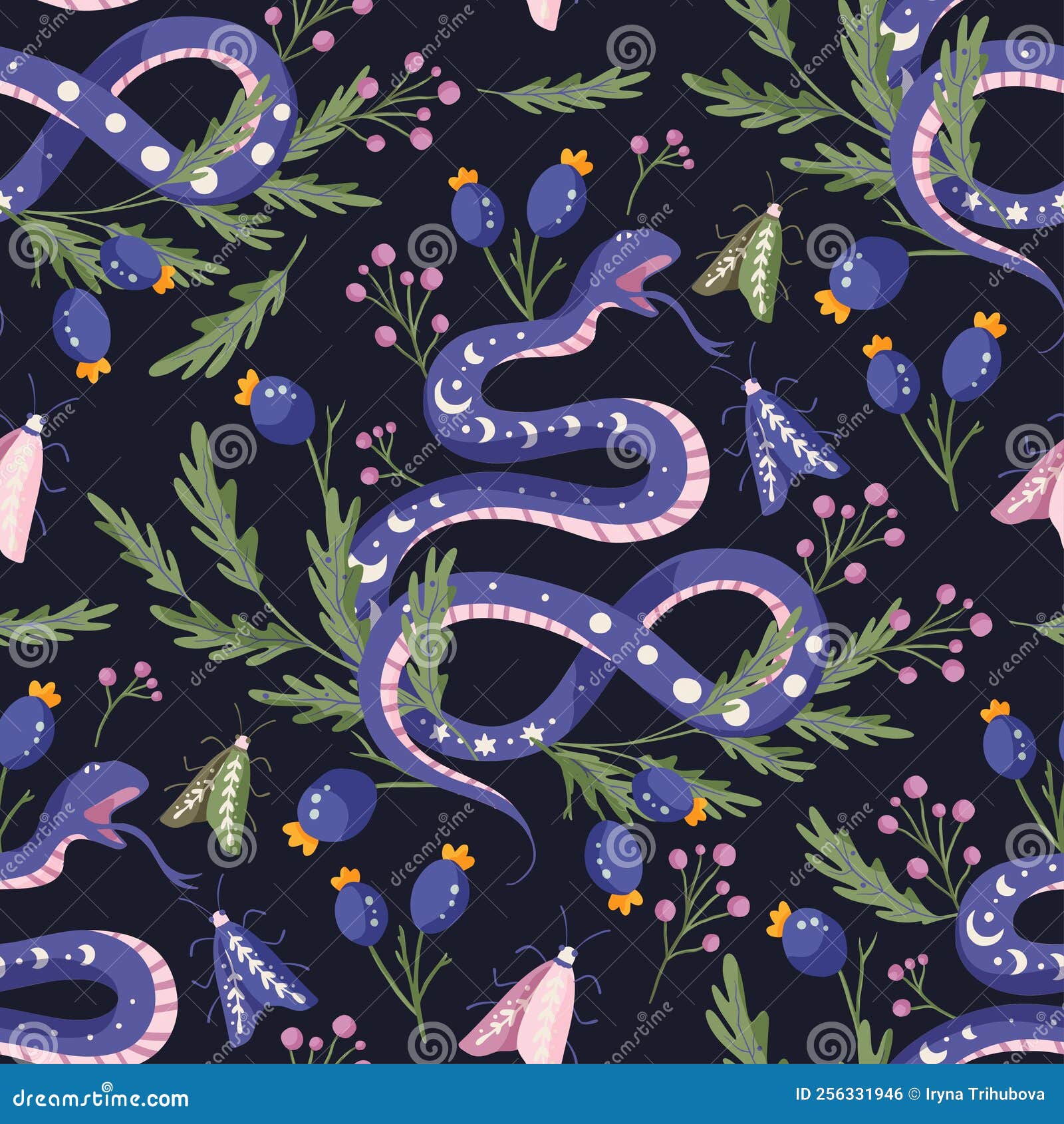 Snake Floral Seamless Pattern. Vector Flower Magic Mystic Boho ...
