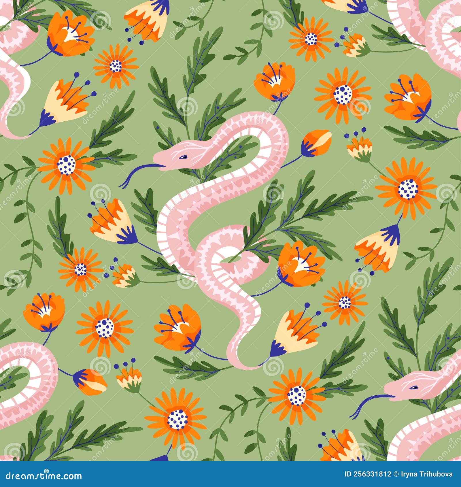 Snake Floral Seamless Pattern. Vector Flower Magic Mystic Boho ...
