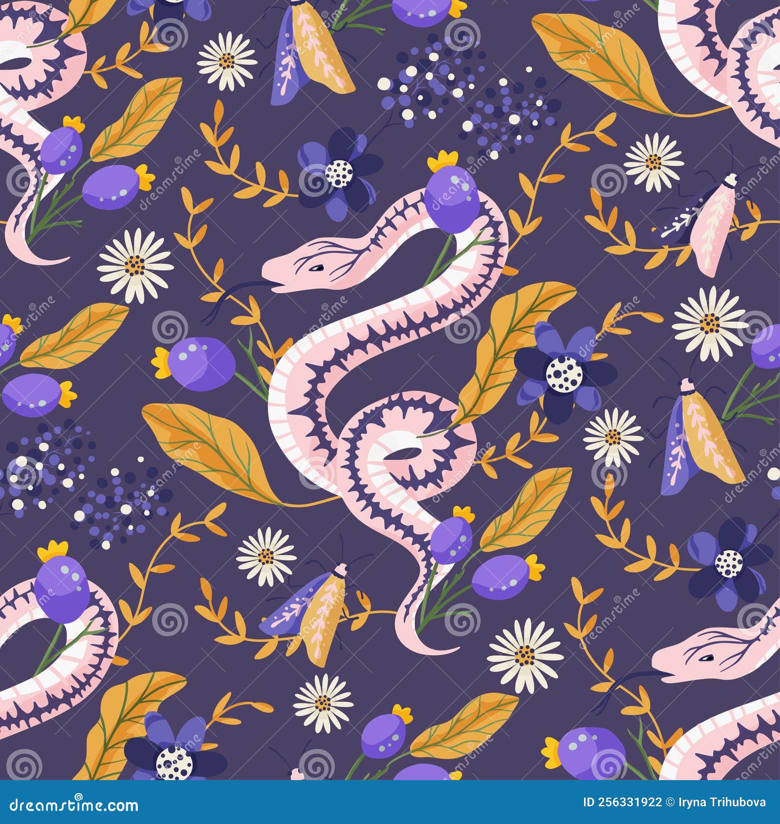 Snake Floral Seamless Pattern. Vector Flower Magic Mystic Boho ...