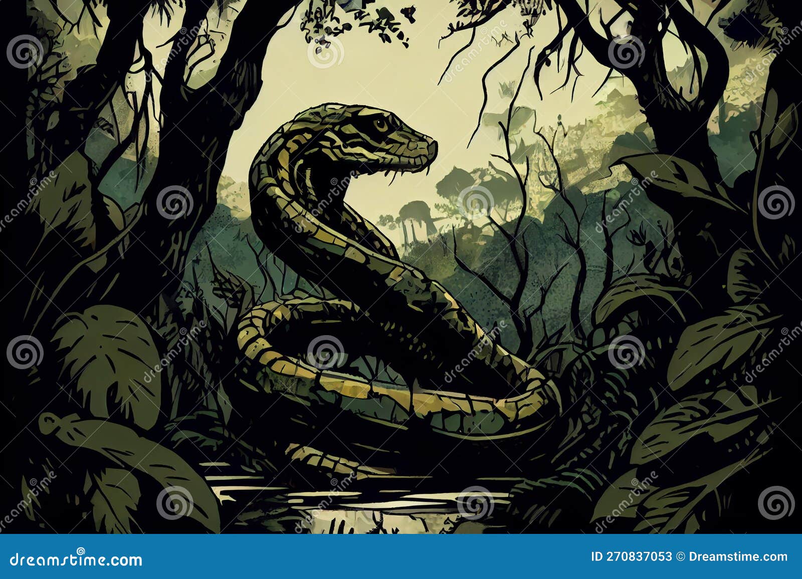 Snake in Forest in Comic Art Stock Illustration - Illustration of ...