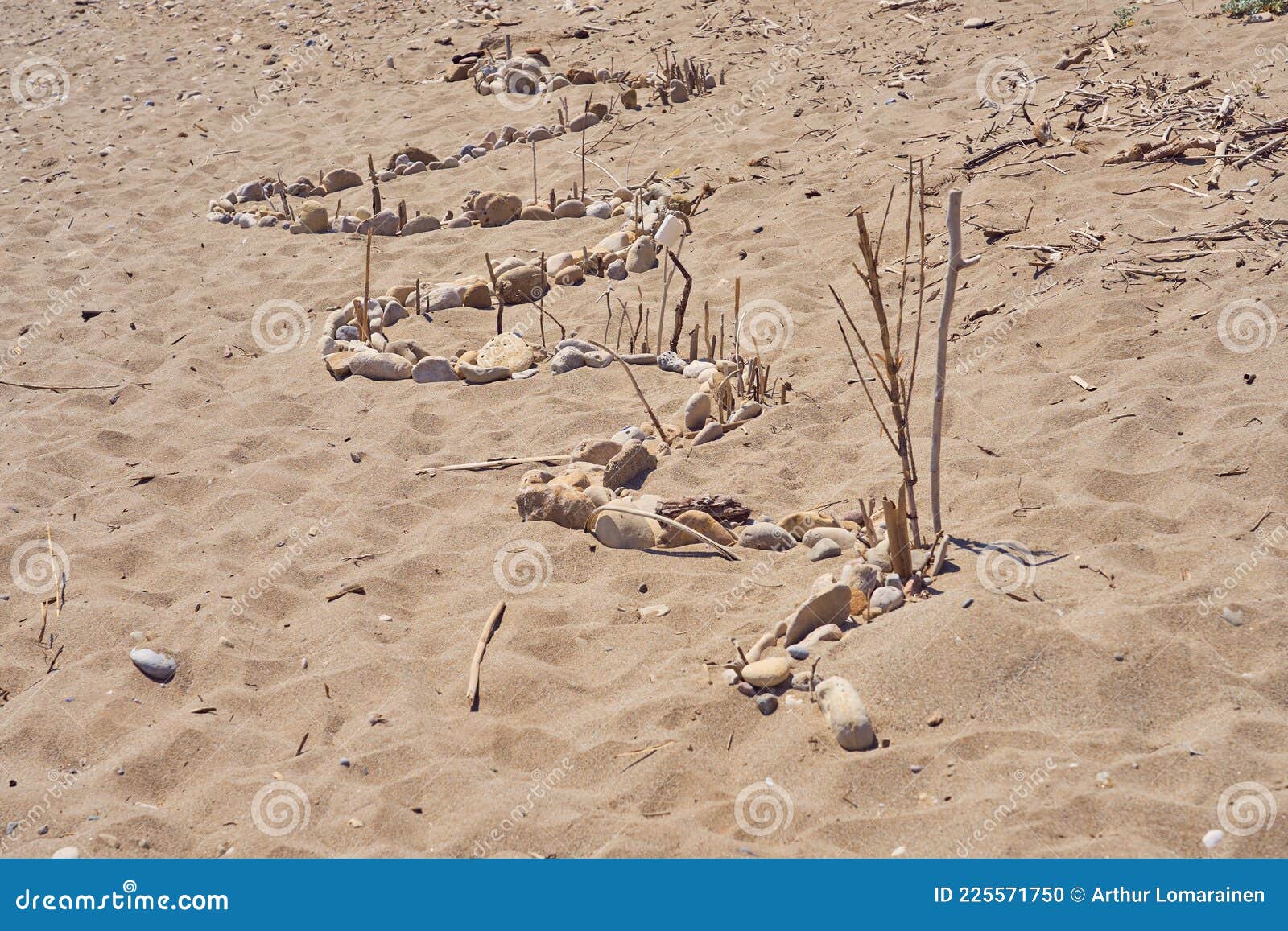 Snake Lined with Pebbles and Branches on the Sand. Stock Photo - Image ...