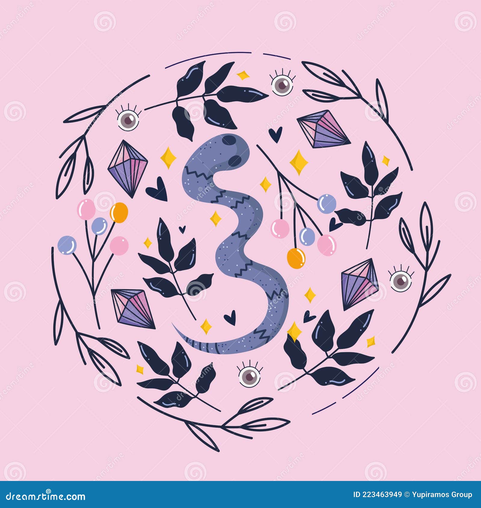 Snake And Magic Symbols Watercolor Illustration. Hand Drawn Clipart Set ...