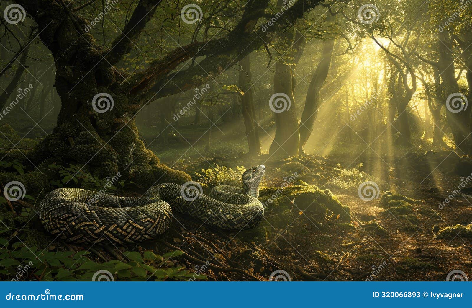 Snake Near the Old Tree in Enchanted Forest Stock Image - Image of ...