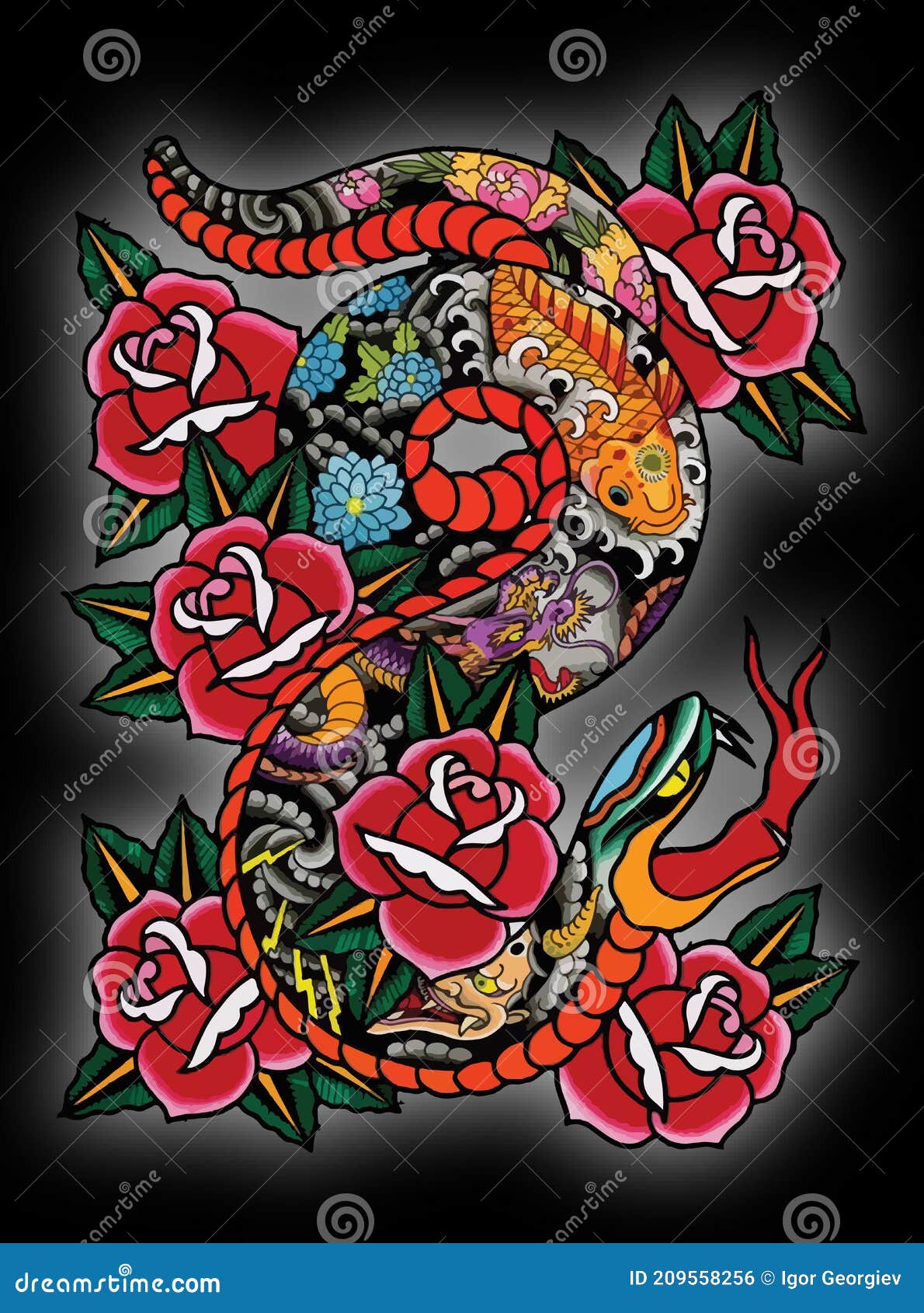 Snake Oldskool Tattoo Flash Set with Japanese Pattern. Stock Vector ...