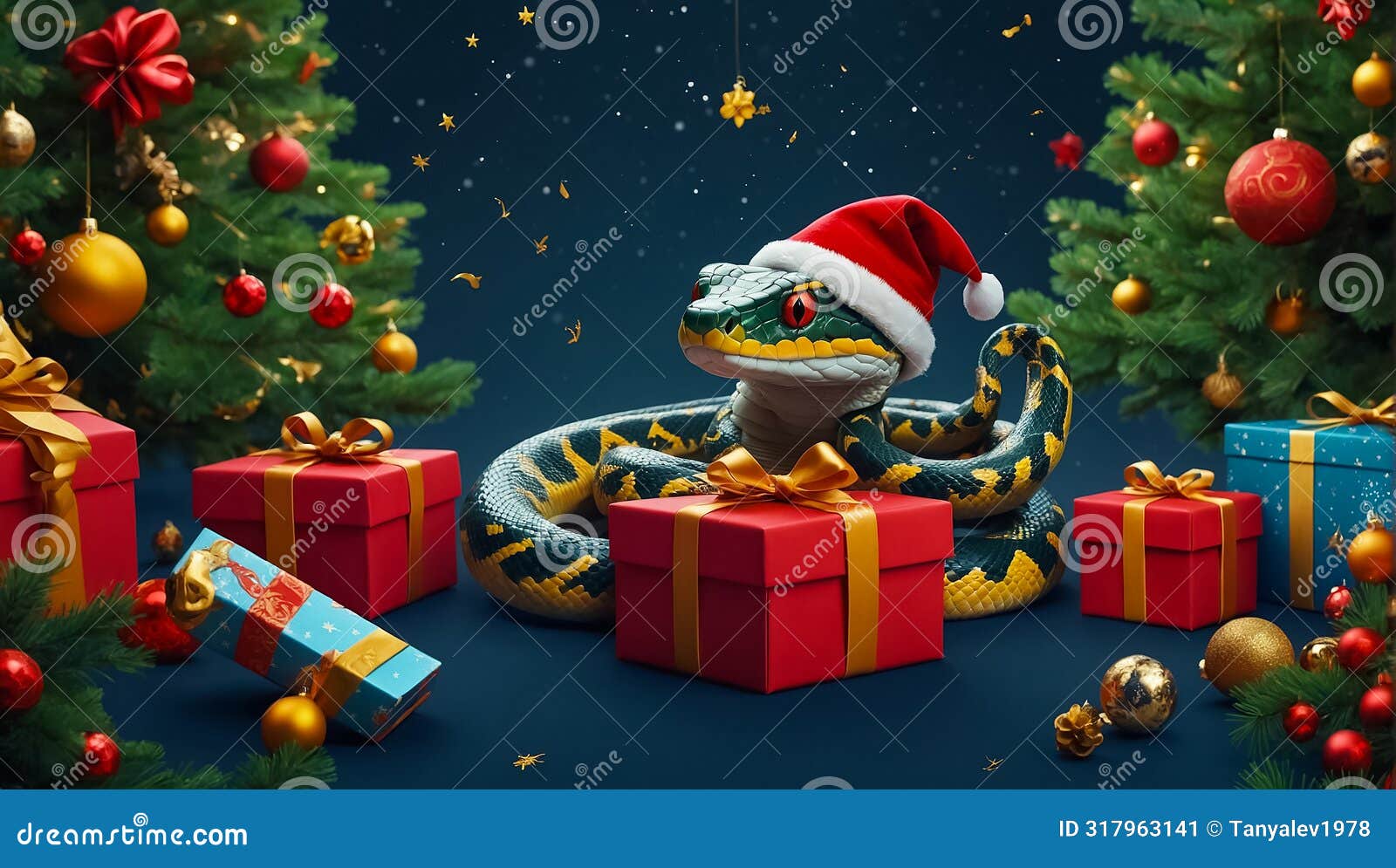 Snake in Santa Hat Banner Fantasy Stock Illustration - Illustration of ...