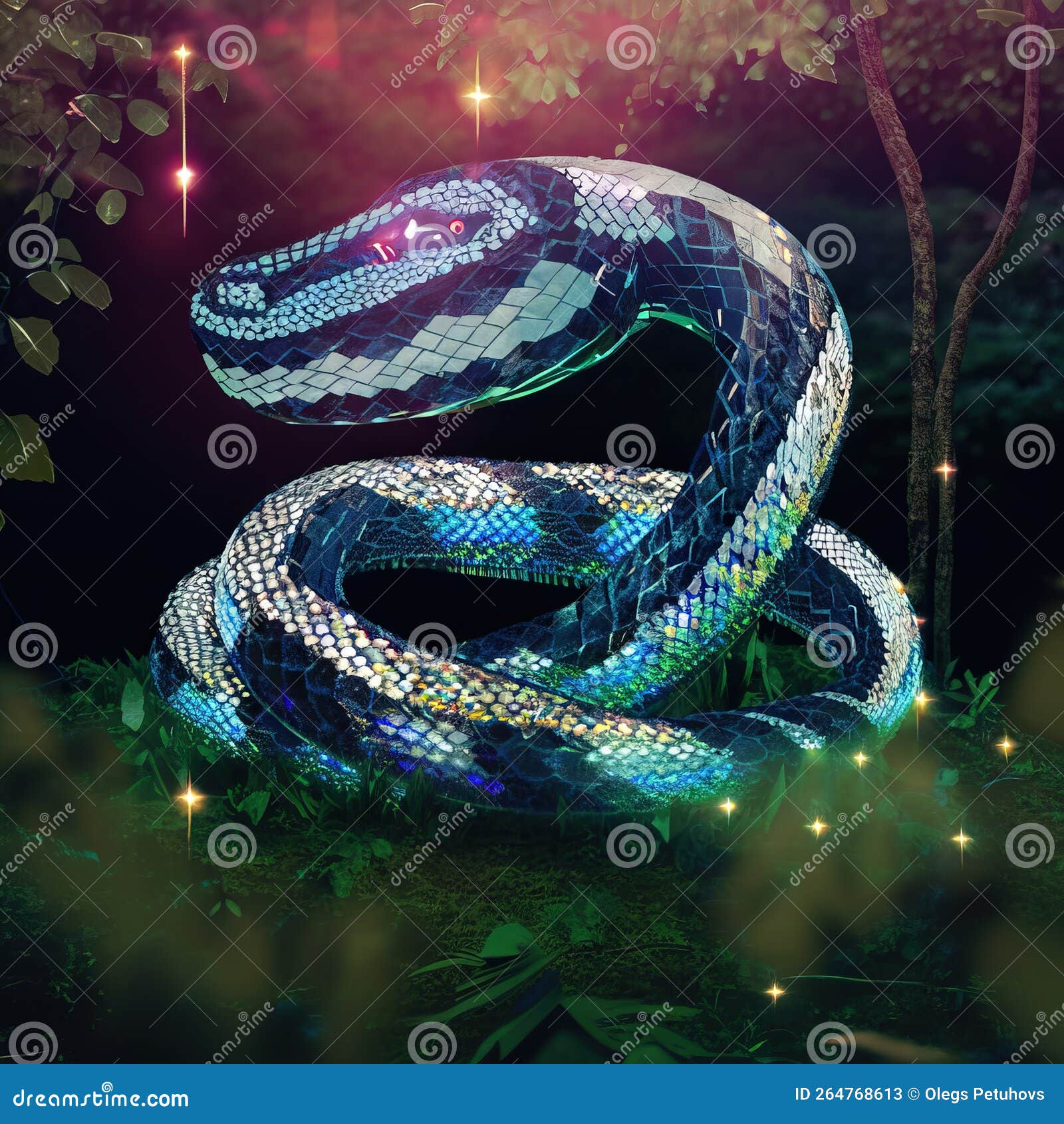 A Snake is Shown in the Middle of a Forest with a Bright Light Shining ...