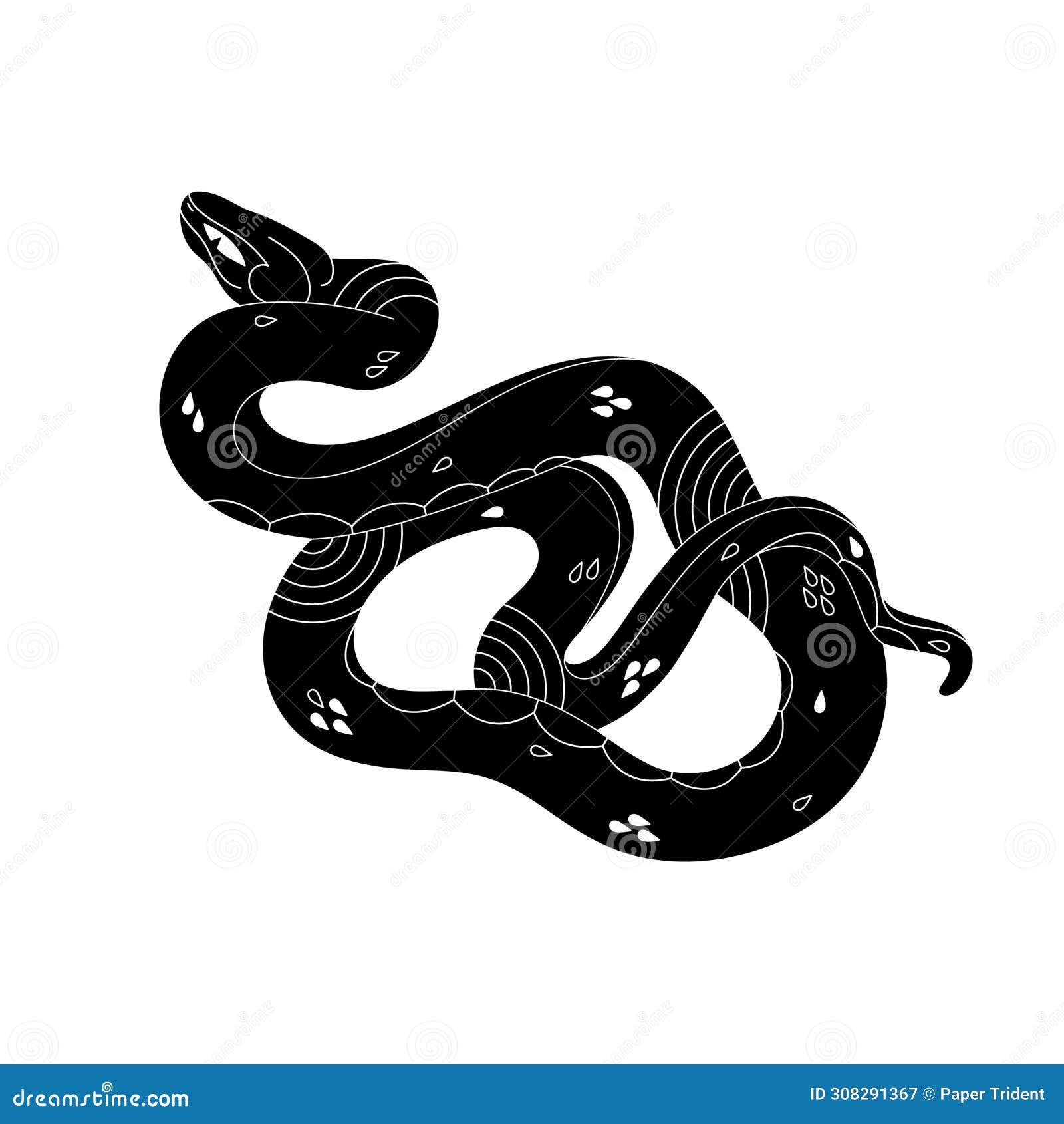 Snake Silhouette. Black Viper with Patterned Skin. Monochrome Python with Print on Scale. Wild ...