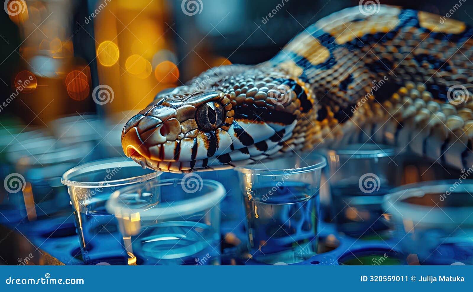 A Snake is Sitting on a Table with Several Plastic Cups of Water Stock ...