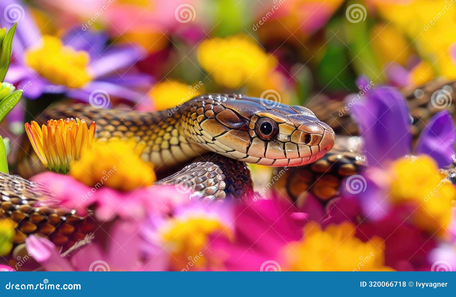 Snake in spring flowers stock photo. Image of zoology - 320066718