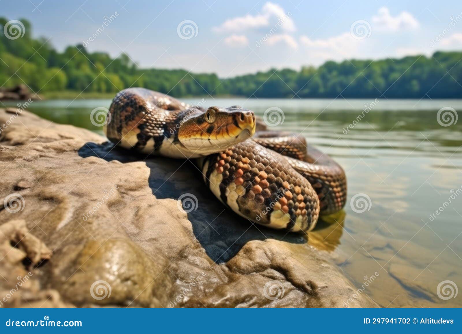 A Snake Sunbathing on a River Rock Stock Photo - Image of relaxation ...