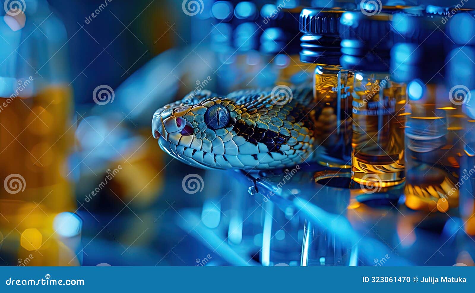 A Snake is on a Table with Many Bottles Stock Photo - Image of wildlife ...