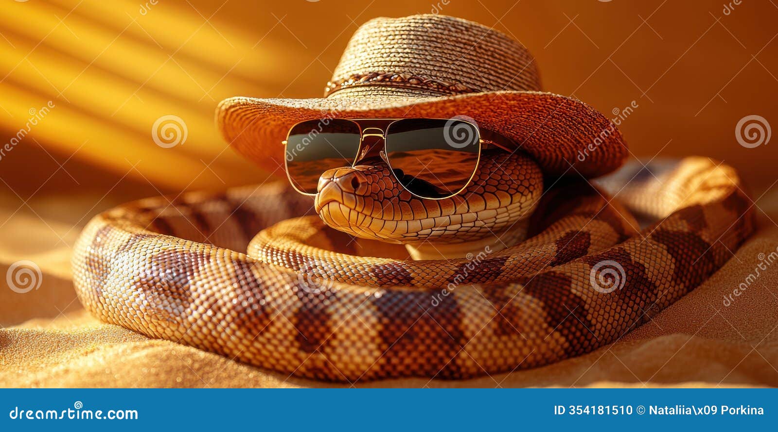 Snake Wearing Sunglasses and Hat on Sandy Surface with Warm Sunlight ...