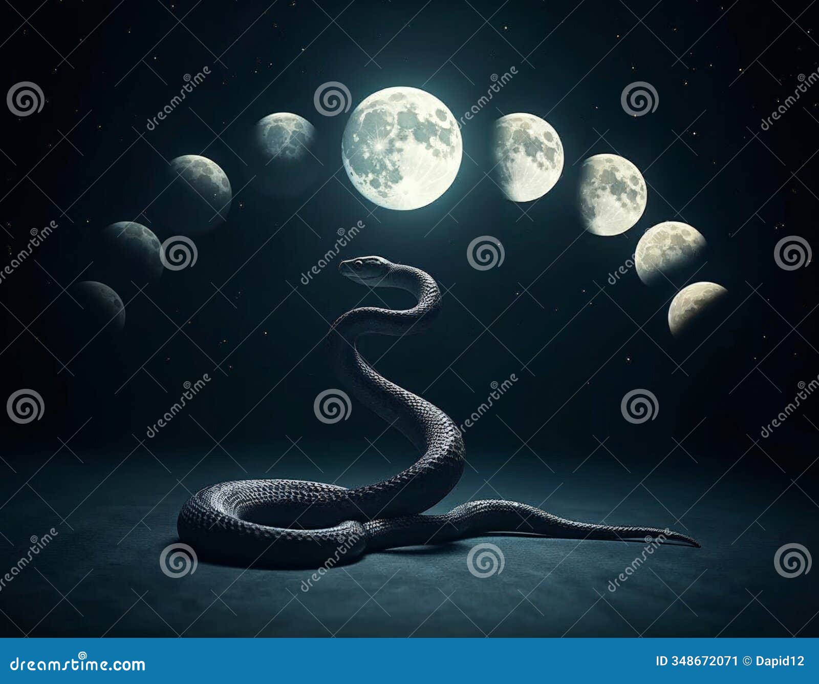 A Snake Is Winding Through A Glowing Lunar Moon Phases On A Dark ...