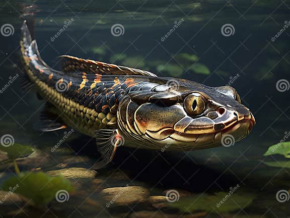 Snakehead fish in a pond stock illustration. Illustration of ecosystem ...