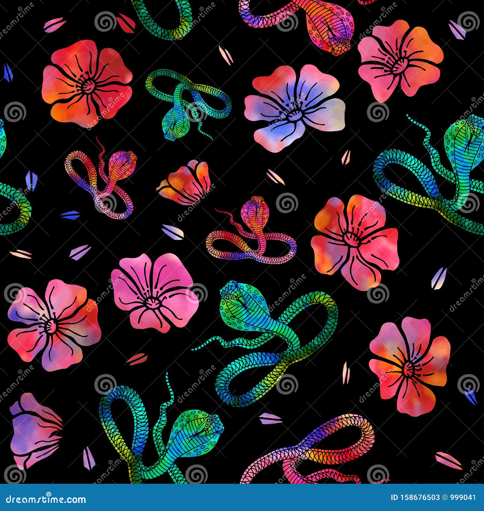 Snakes and Flowers Seamless Pattern. Eps10 Vector Illustration. Hand ...