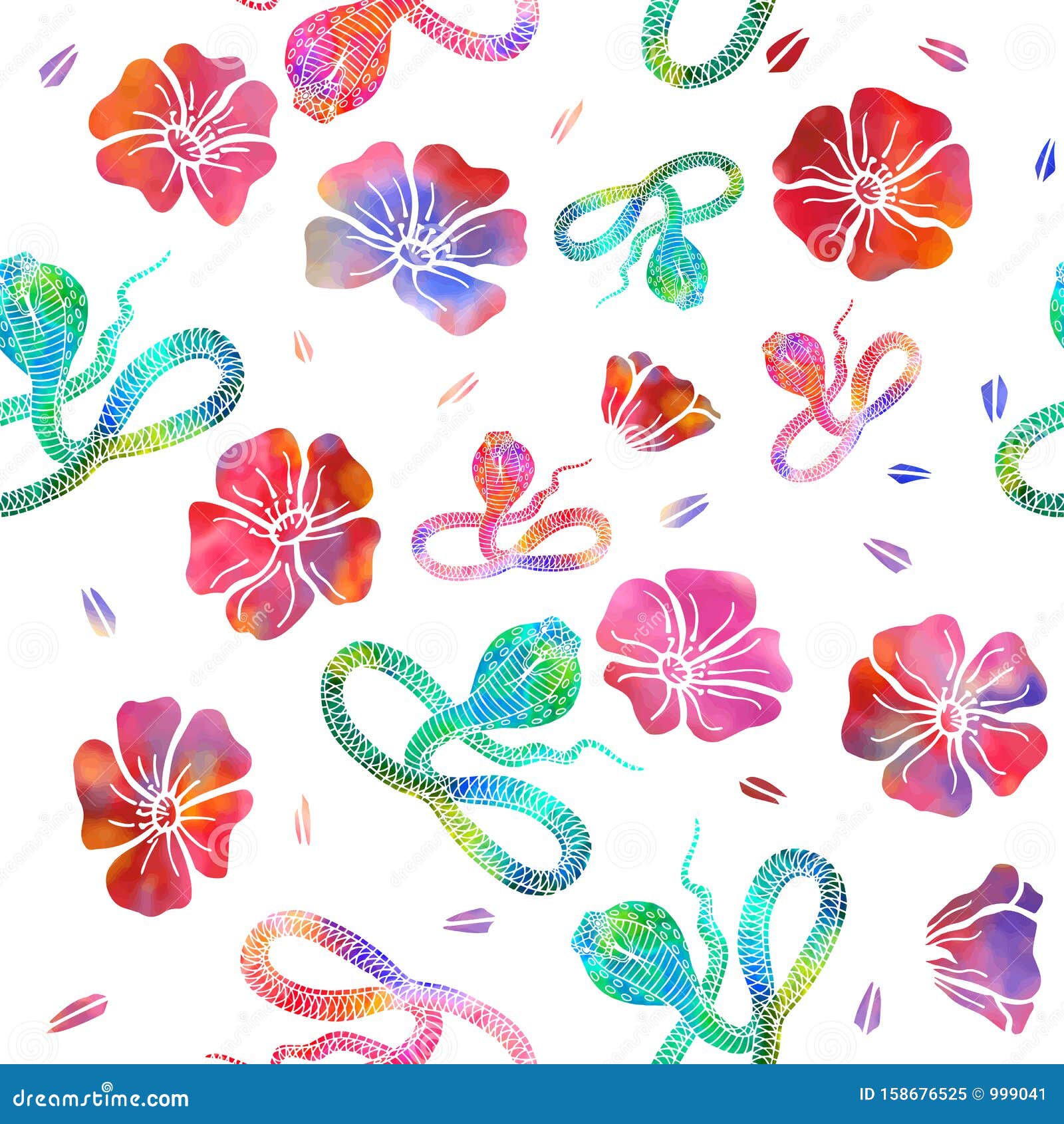 Snakes and Flowers Seamless Pattern. Eps10 Vector Illustration. Hand ...