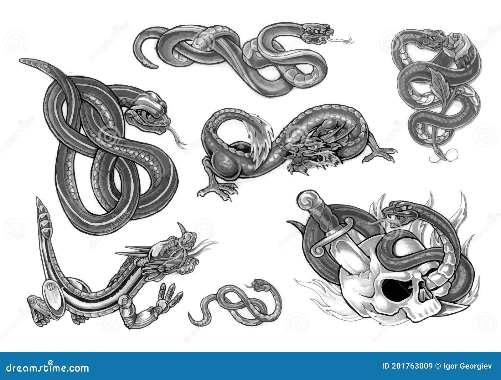 Snakes Tattoo Set. Animals Tattoo Set. Set of Labels and Elements ...