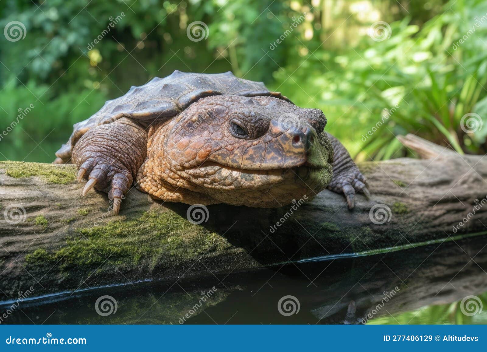 Snapping Turtle Basking in the Sun on a Leafy Log Stock Image - Image ...