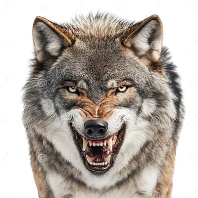 Snarling Gray Wolf Displaying Sharp Teeth Against White Background ...