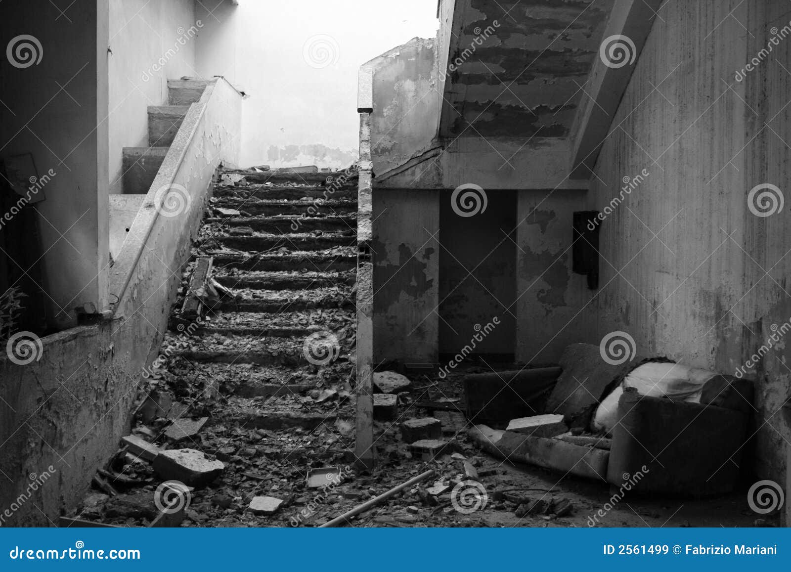 Destroyed Stairs With A Metal Railing Nostalgically Lit Stock ...