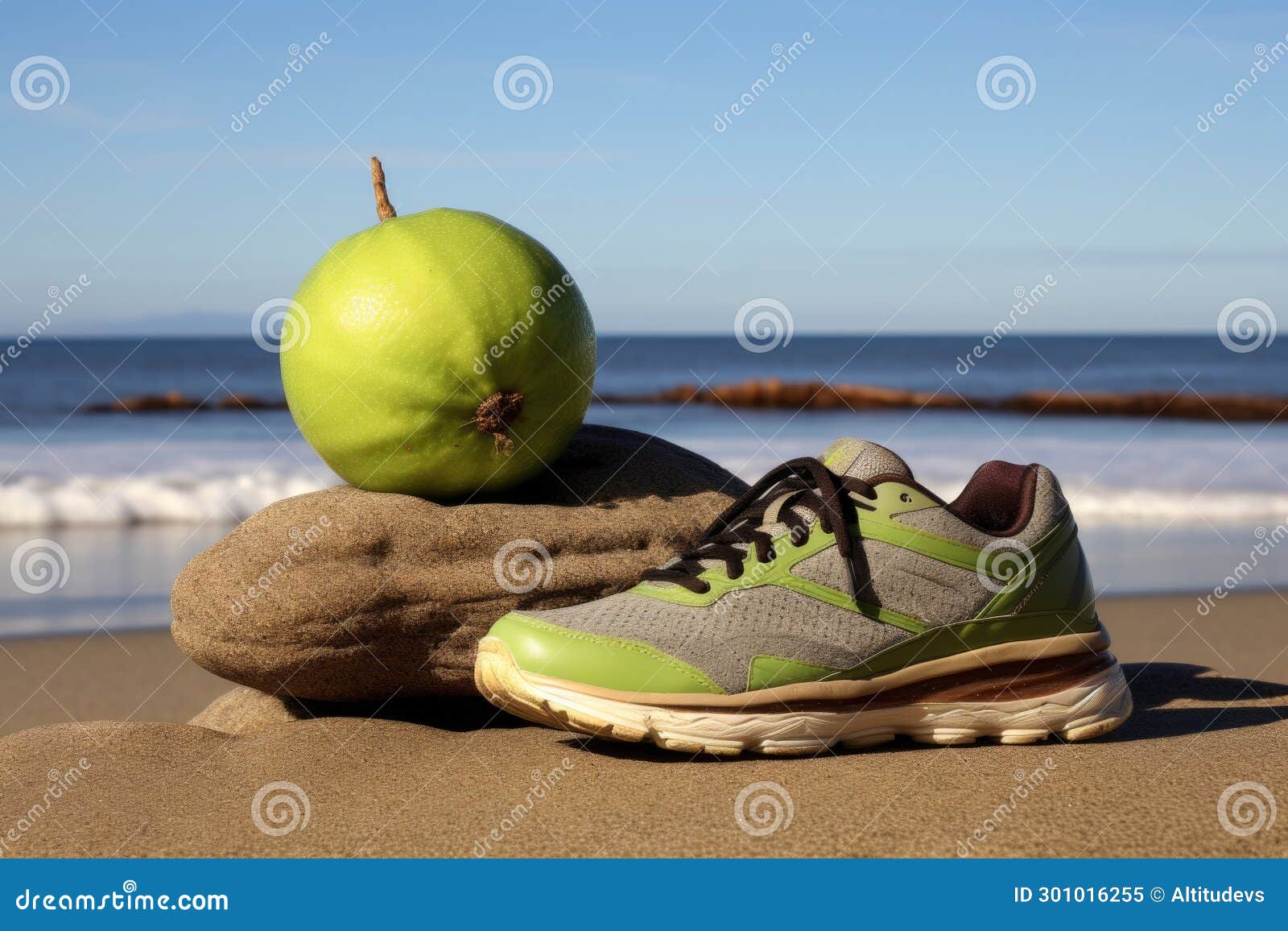 A Sneaker and an Avocado Placed Side by Side on a Sandy Beach Stock ...