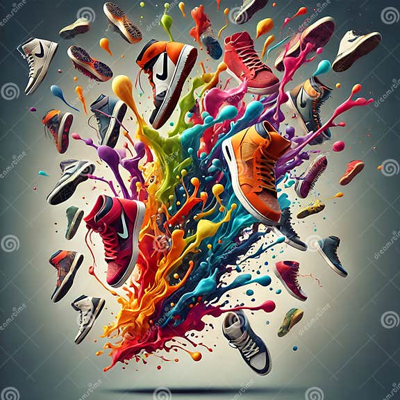 Sneakers Exploding with Colorful Splashes of Paint Stock Illustration ...