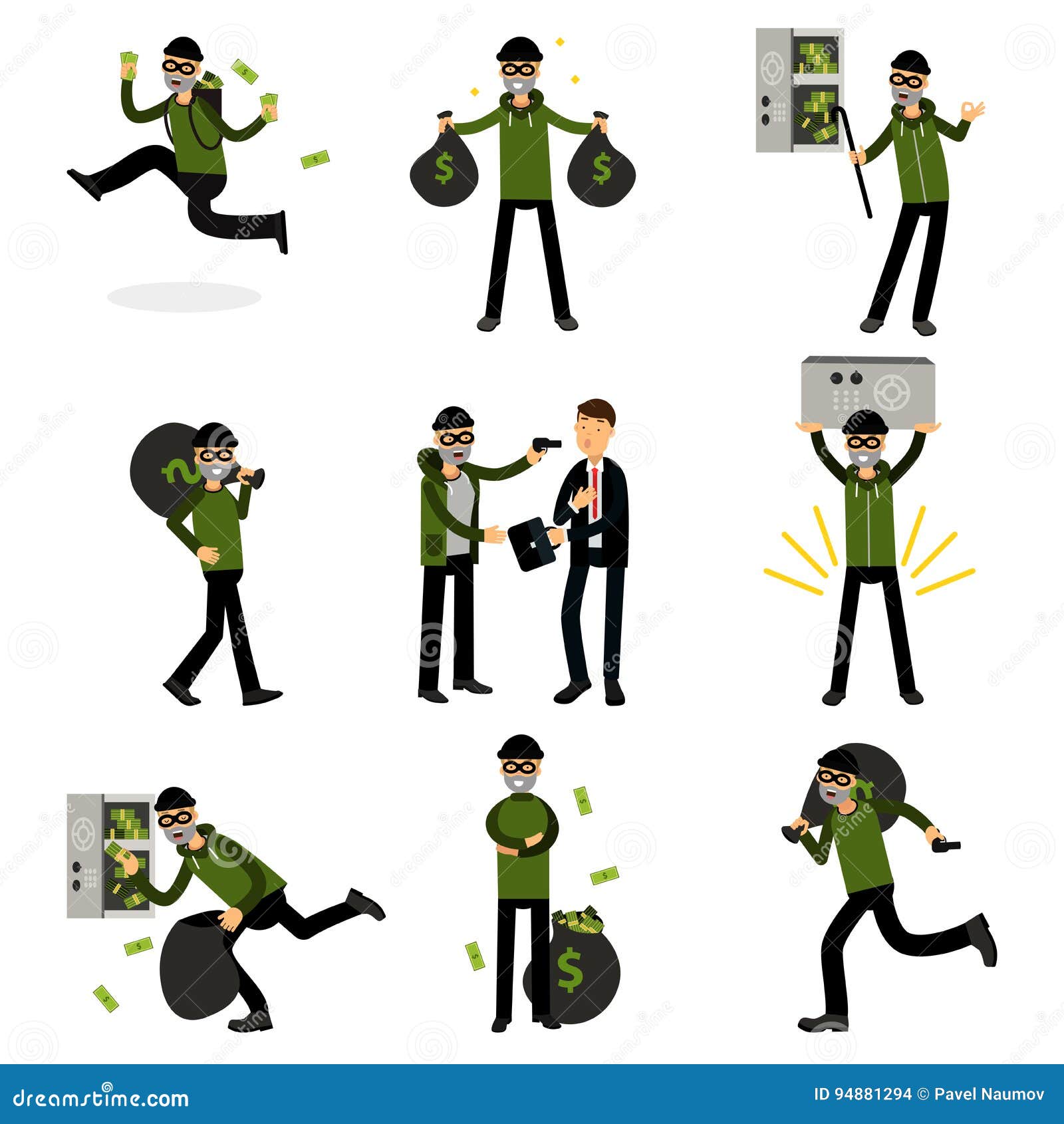 Sneaking Thiefs Set, Burglars Committing Crimes Vector Illustrations ...