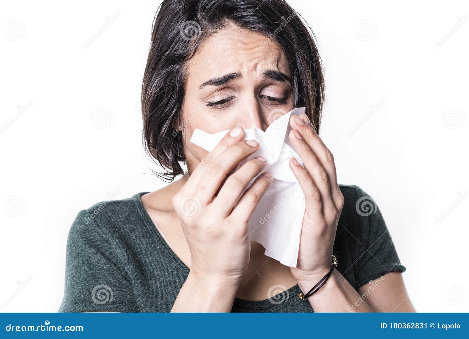 Sneeze Girl Having Flu on White Studo Background Stock Image - Image of ...