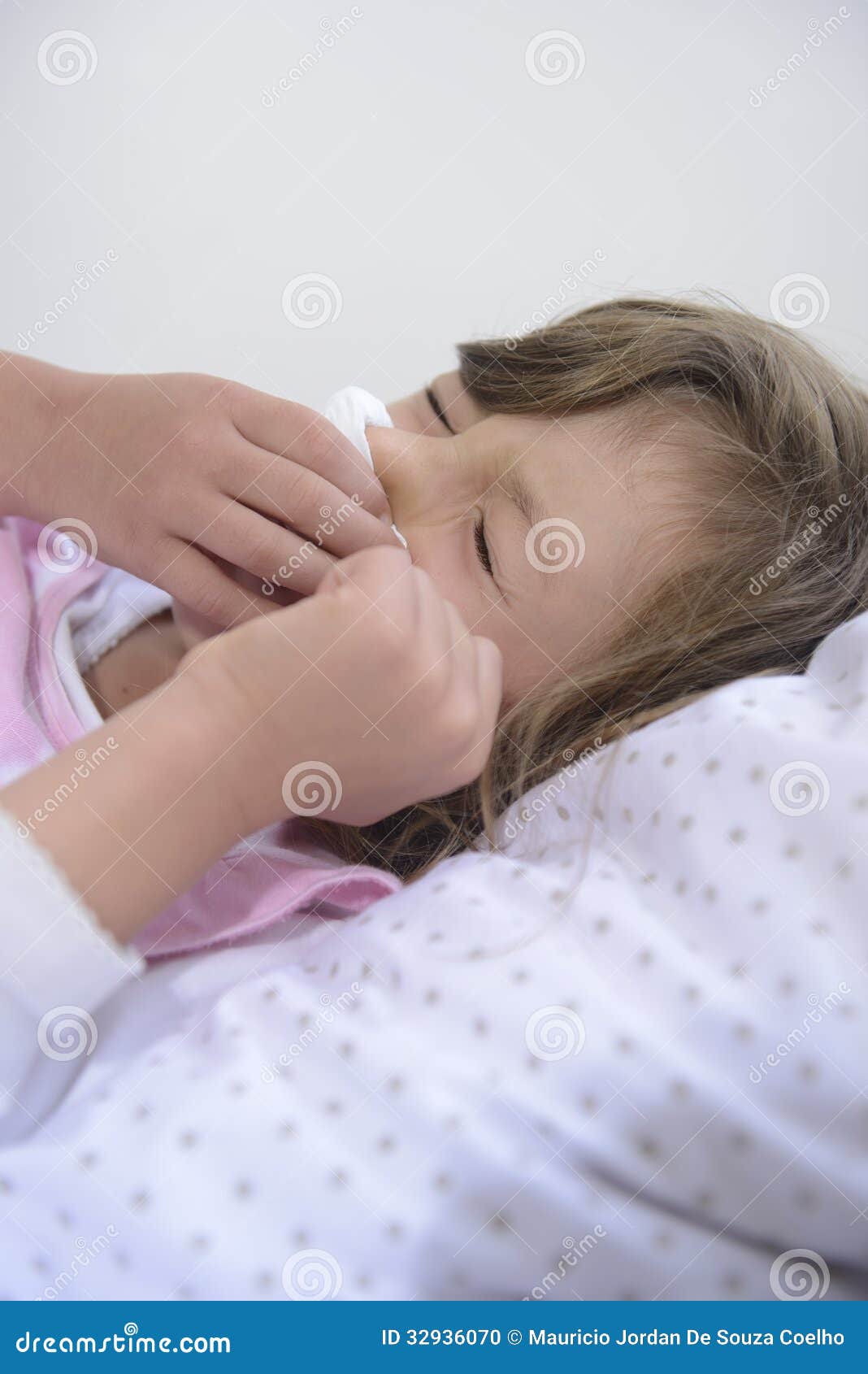 Sneezing child in bed stock photo. Image of allergies - 32936070