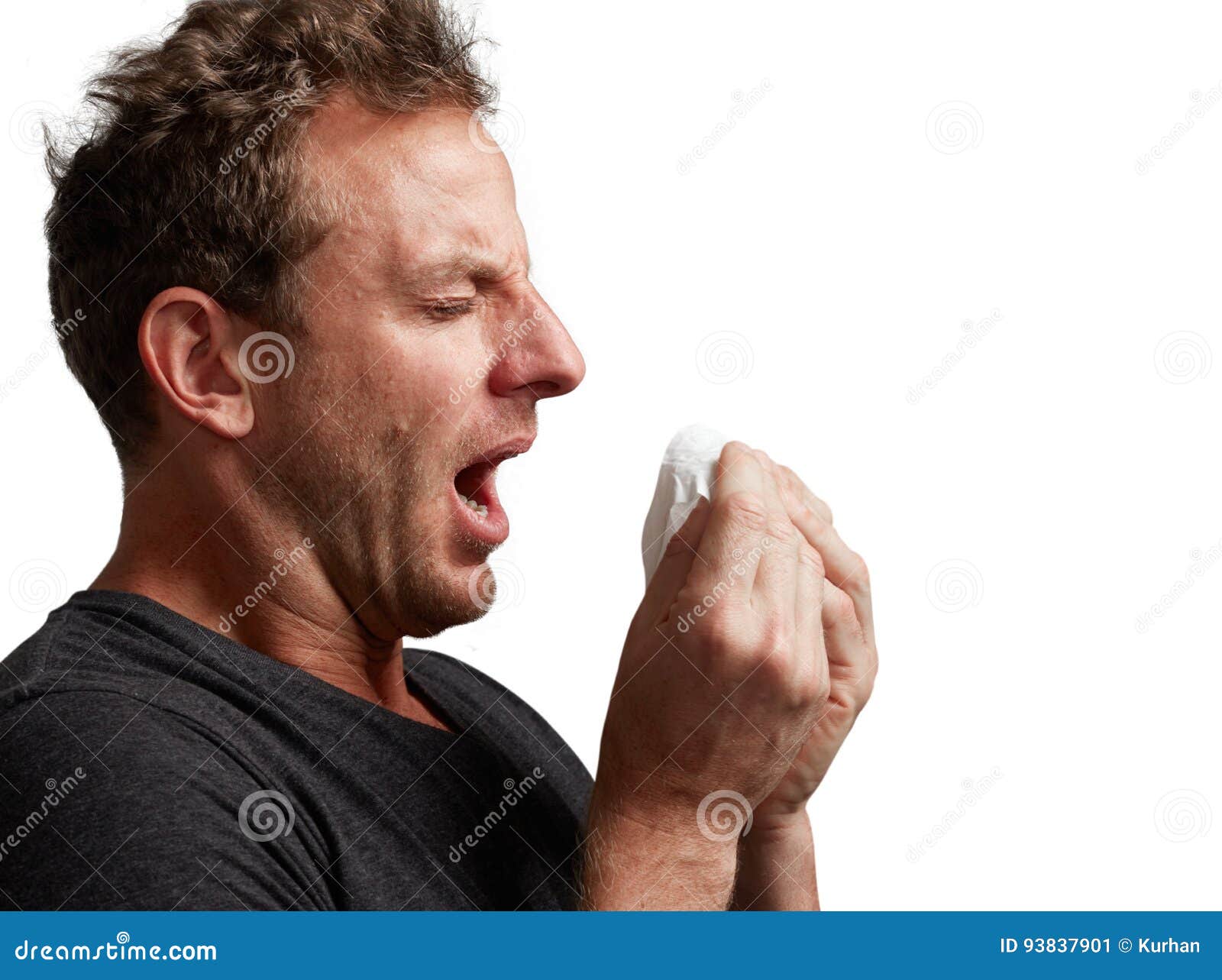 Sneezing man with cold stock image. Image of home, napkin - 93837901