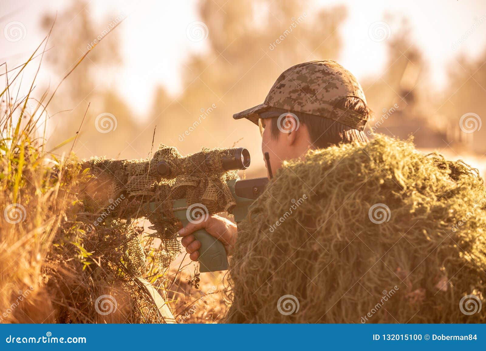 Sniper Armed with Large Caliber, Sniper Rifle, Shooting Enemy Targets ... Sniper Armed with Large Caliber, Sniper Rifle, Shooting Enemy Targets ...