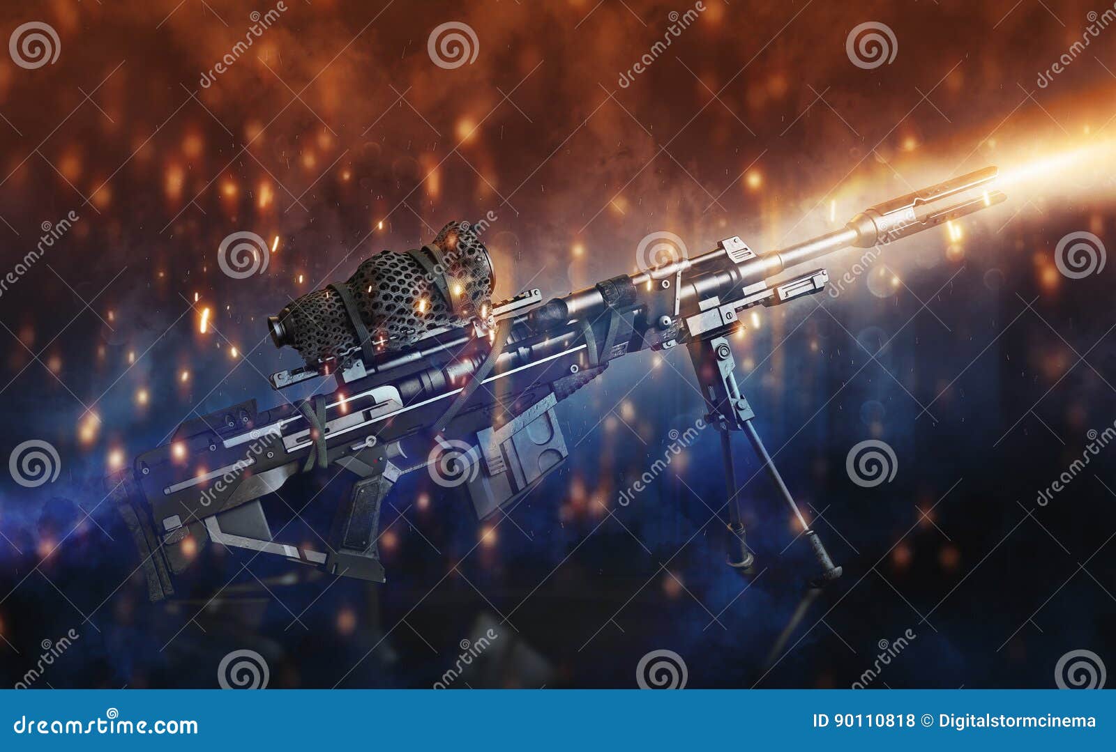 Sniper Rifle with Bi-pod and Camouflaged Scope on a Black Background ...