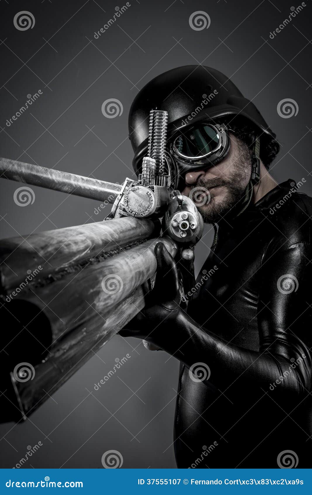 Sniper.soldier with Huge Space Gun. Poses in Defense and Attack Stock ...