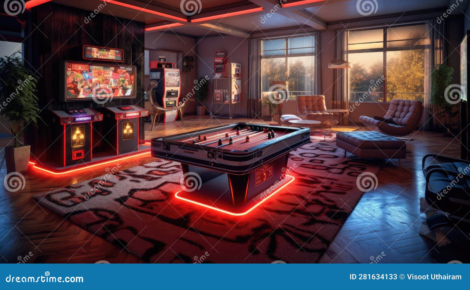 Snooker Game Room, Interior Design with Pool Table and Amazing Light ...