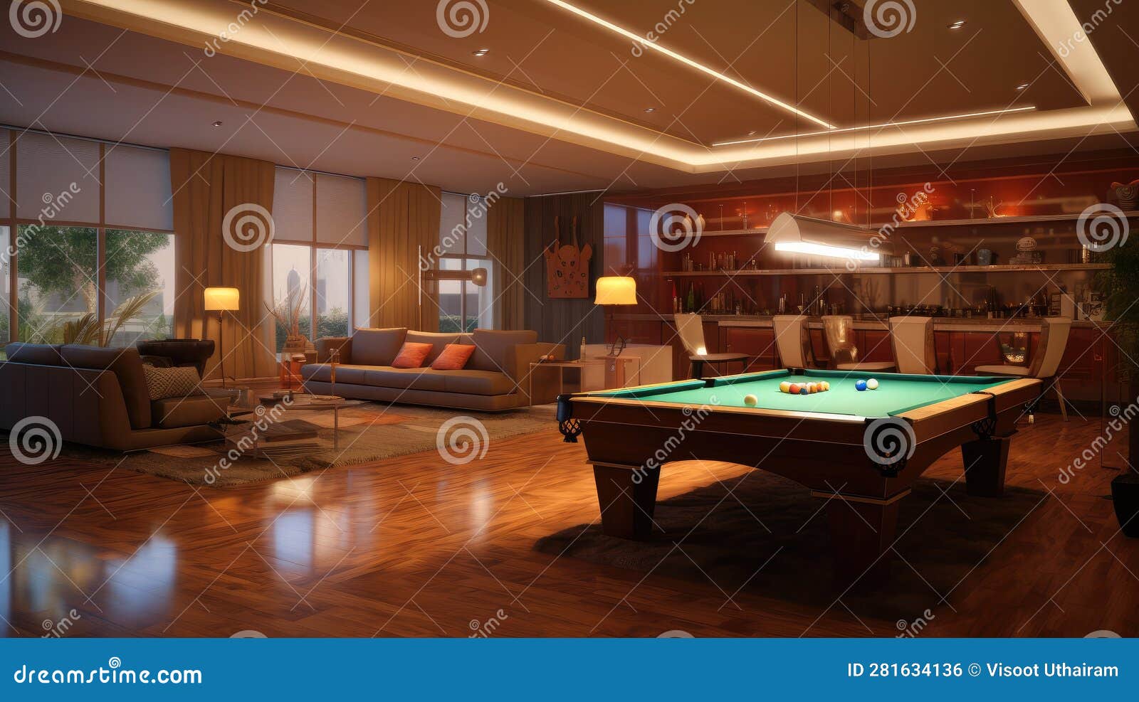 Snooker Game Room, Interior Design with Pool Table and Amazing Light ...