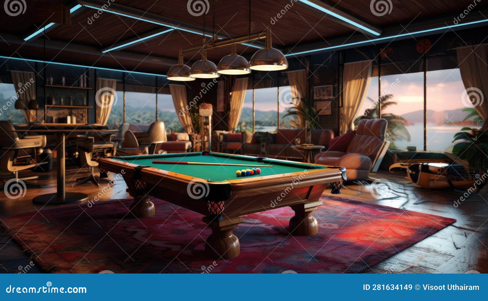 Snooker Game Room, Interior Design with Pool Table and Amazing Light ...