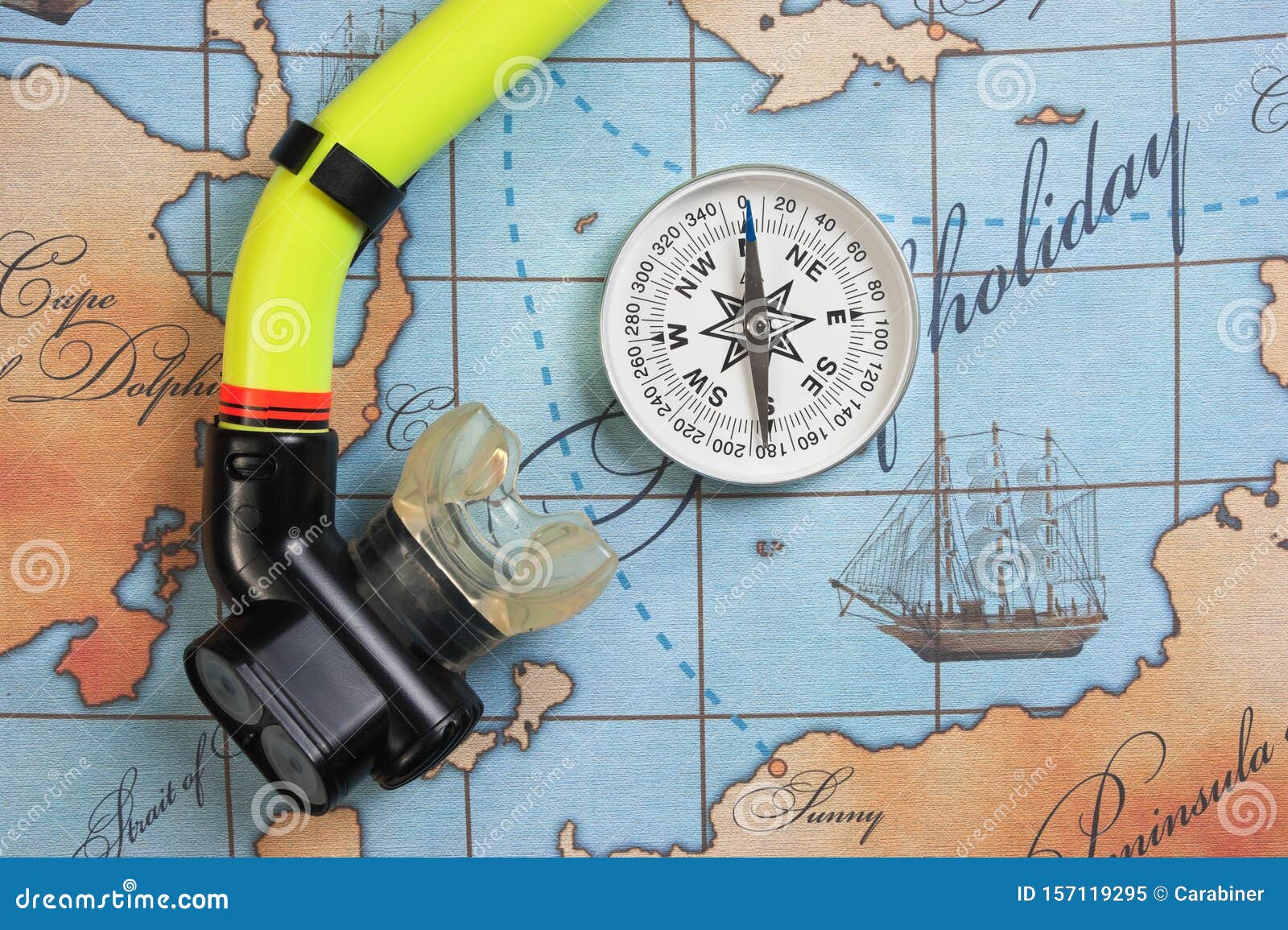Snorkel diving on map stock image. Image of explorer - 157119295